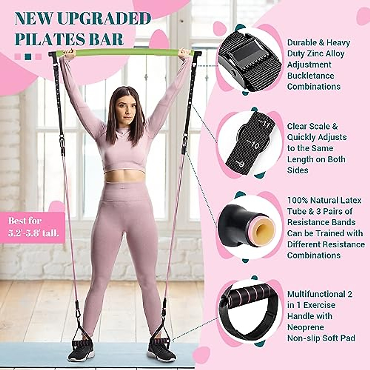 COFOF Pilates Bar Kit with Resistance Bands, Multifunctional Yoga Heavy-Duty Metal Adjustment Buckle, Portable Home Gym for Women Full Body Workouts(20-150LBS)-Forest