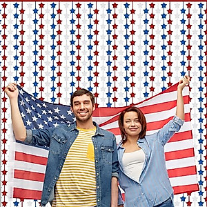 2 Pack 3.2ft x 6.6ft Red White Blue Stars Metallic Foil Fringe Curtain, Tinsel Curtains Streamers Photo Props Backdrop for 4th of July, Independence Day, Memorial, Veterans Day Party Decorations