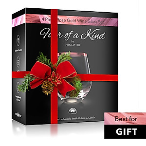 Phnx Phyr Hand Blown Crystal Rose Gold Wine Glasses set 4 - Stemless wine glass set - Stemless wine glasses - Red wine glasses set of 4 - Large white wine glass - Wedding - Gift packaging