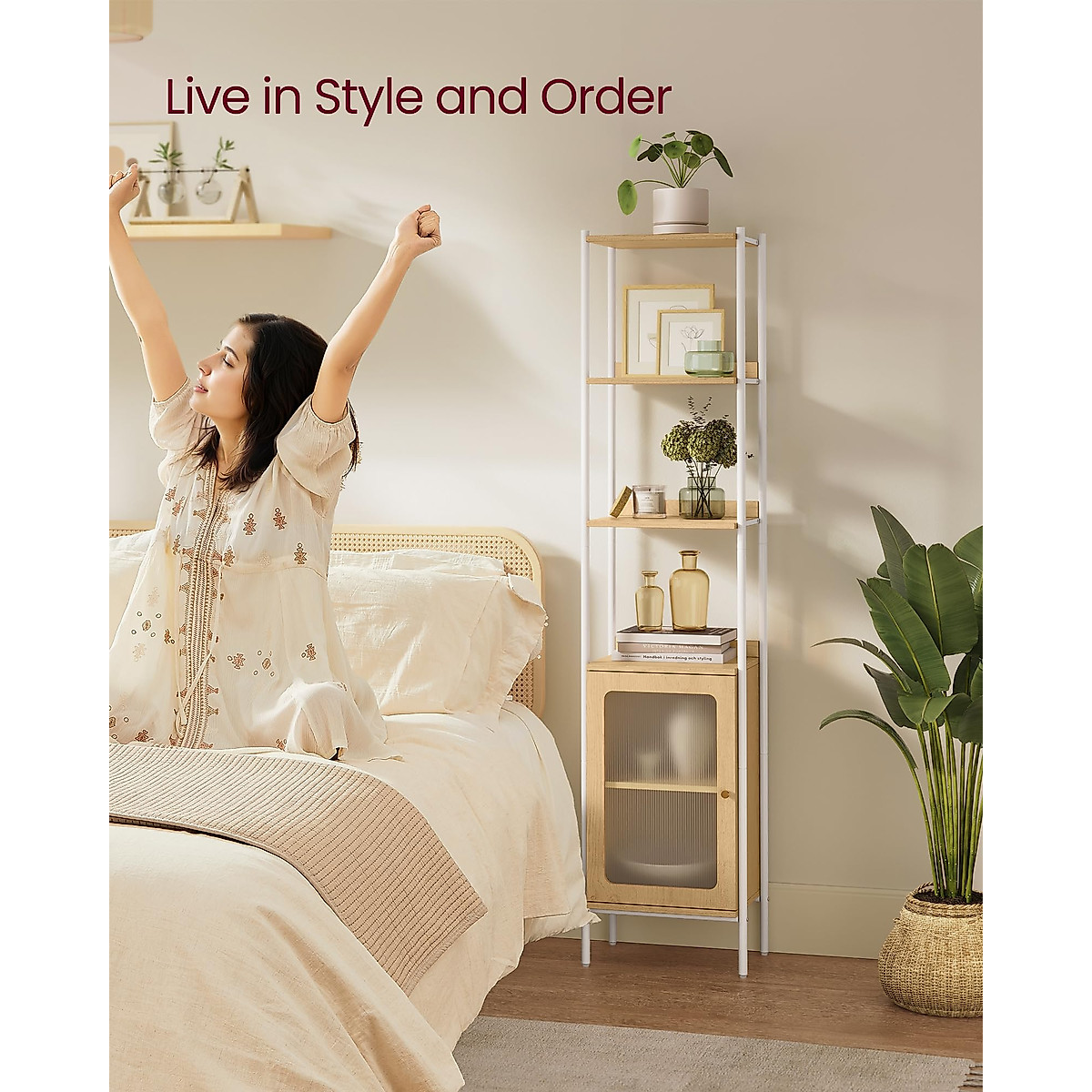 VASAGLE 6-Tier Bookcase, Slim Bookshelf with PC Door, Freestanding Storage Shelf with Metal Frame, Adjustable Shelf, for Living Room, Oak Beige and Pearl White ULLS123W57