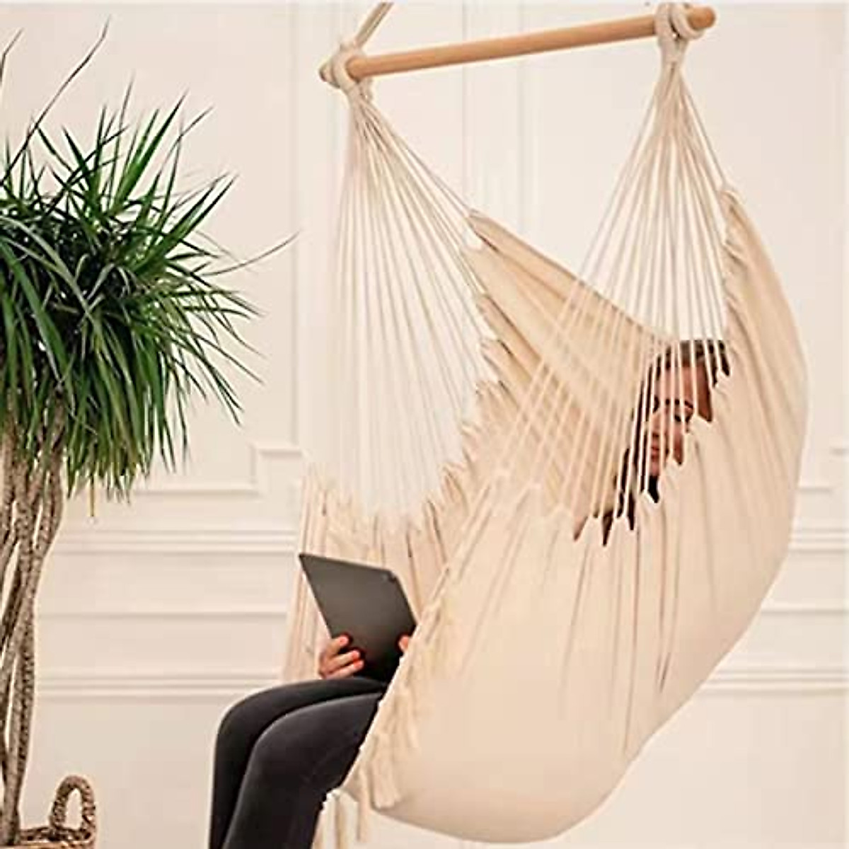 Large Hammock Chair Swing, Adults Hanging Swing Rope Hammock for Outside Indoor Bedroom - 2 Cotton Cushions Included - Large Swing Chair for White Hammock Swing Chair Hammock Swing Chair