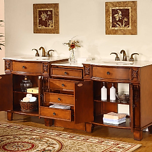 Silkroad Exclusive HYP-0204-CM-UIC-84 Countertop Creamy Marble Stone Bathroom Double Vanity Sink Cabinet, 84"