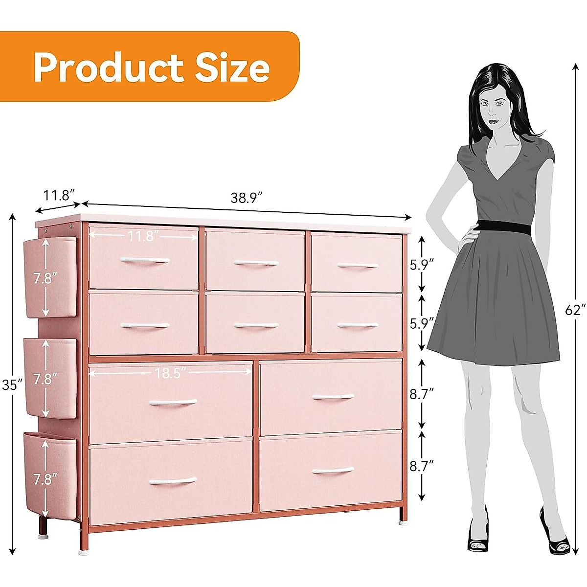 TrailBlaze Multifunctional Drawer Tower - Spacious Storage with 10 Drawers, Fabric Pockets, Hooks, Sturdy Steel Frame, Waterproof Wood Top, Anti-Tip Safety, Easy Assembly(Pink)