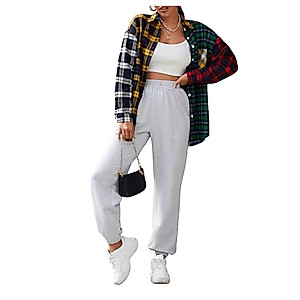 Floerns Women's Tartan Color Block Long Sleeve Plaid Button Down Blouse Multi S