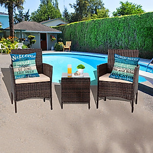 Jartinle Coastal Stripe Outdoor Pillows Covers 18x18 for Patio Furniture Waterproof, Welcome to Our Porch Throw Pillow Covers Square Linen for Couch Outside Bench Set of 2