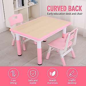 UNICOO - Kids Study Table and Chairs Set, Height Adjustable Plastic Children Art Desk with 2 Seats, Kids Multi Activity Table Set (Maple Top with Pink Border) BY-60-MP