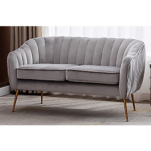 Artechworks Contemporary Tufted Velvet Tub Barrel Loveseat Sofa Chair Upholstered Couch with Golden Metal Legs Club Two-Seat Sofa for Living Reading Room Bedroom Apartment Small Space Dorm, Grey