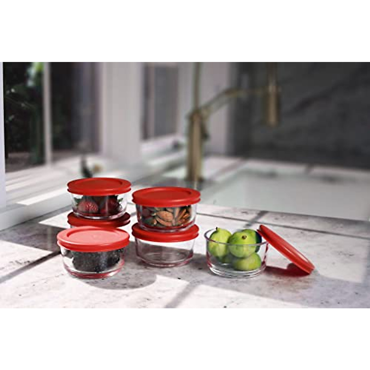 BOVADO USA 2 Cup Glass Food Storage Containers (6 Pack) | Nonpourous Dishwasher, Freezer & Oven Safe Glass, Easy-Clean | Red Lids