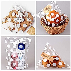 JOERSH 8.1" x 5" Bottom Gusset Clear Plastic Cookie Bags with Ties 200 Pack, White Polka Dots Pattern Small Candy Bags Treat Bags for Muffin Bakery Packaging