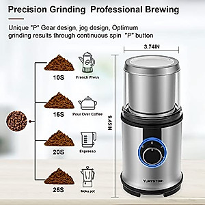 Coffee Grinder Electric, Spice Grinder with with 2 Detachable Stainless Steel Bowls, with Anti-splash Cover & Brush, 3.88oz/110g Capacity Coffee Bean Grinder, Dry & Wet for Corn Kernels, Herbs, Nuts