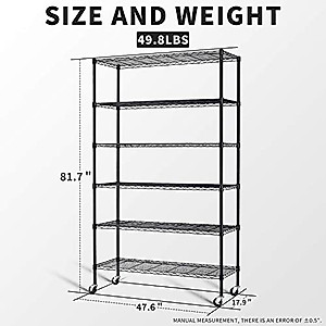 HCY 6-Tier Storage Shelf Heavy Duty Shelving Unit NSF Height Adjustable Metal Rack with Wheels for Laundry Bathroom Kitchen Garage Pantry Organization 2100 LBS Capacity-82*48*18 inch, (Black)