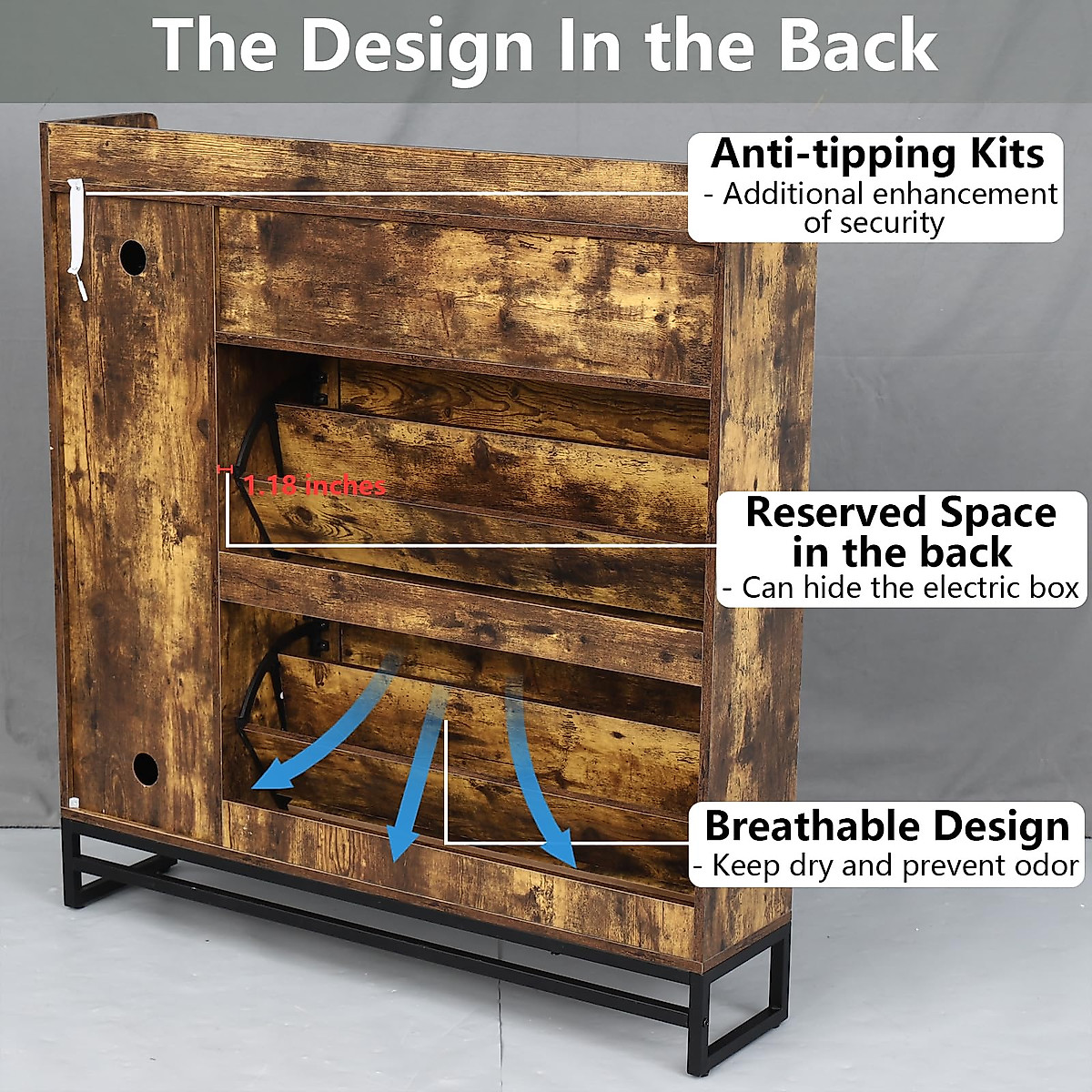 Auromie Shoe Storage Cabinet, Free Standing Shoe Organizer with 2 Flip Drawers, Shoe Rack with Adjustable Side Cabinet, Entryway Narrow Shoe Storage with Door for Hallway, Living Room (Rustic Plus)