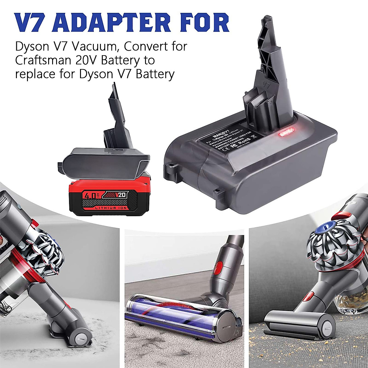 V7 Adapter for Craftsman 20V Battery Work for Dyson V7 Compatible with SV11 V7 Motorhead V7 Animal V7 Trigger V7 HEPA V7 Car+Boat V7 Absolute Handheld Vacuum Cleaners