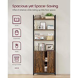 VASAGLE 6-Tier Bookshelf, Tall Bookcase with Door, Steel Frame, Adjustable Shelves, 9.4 x 23.6 x 62.8 Inches, Living Room Bedroom, Rustic Brown and Ink Black ULLS133K01