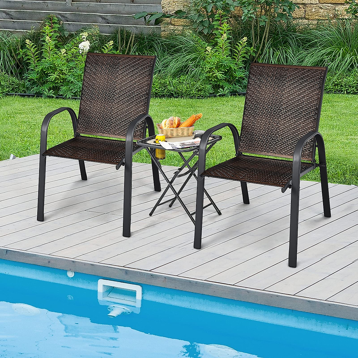 Tangkula Set of 6 Outdoor PE Wicker Stackable Chairs, Patio Dining Chairs with Sturdy Steel Frame, Outdoor Arm Chairs for Garden, Yard, Deck and Lawn (1, Mix Brown)