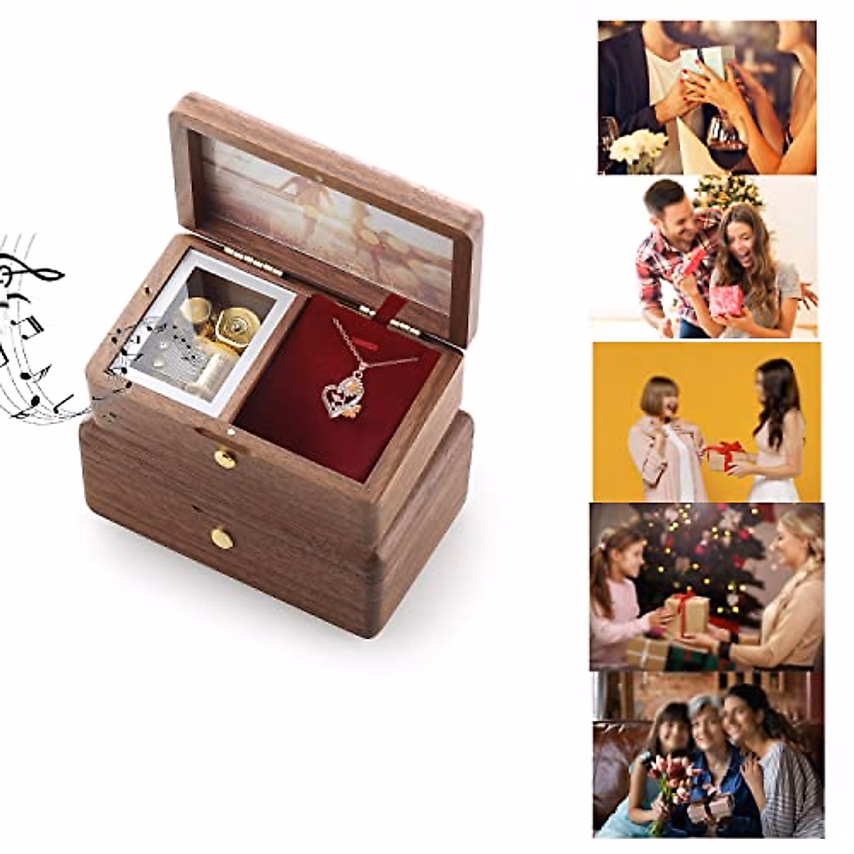 JJYmusic Natural Solid Wood Wind-up Music Box Long Photo Frame Jewelry Musical Box Great Gift for Birthday Christmas(Walnut; Tune: You Are My Sunshine)