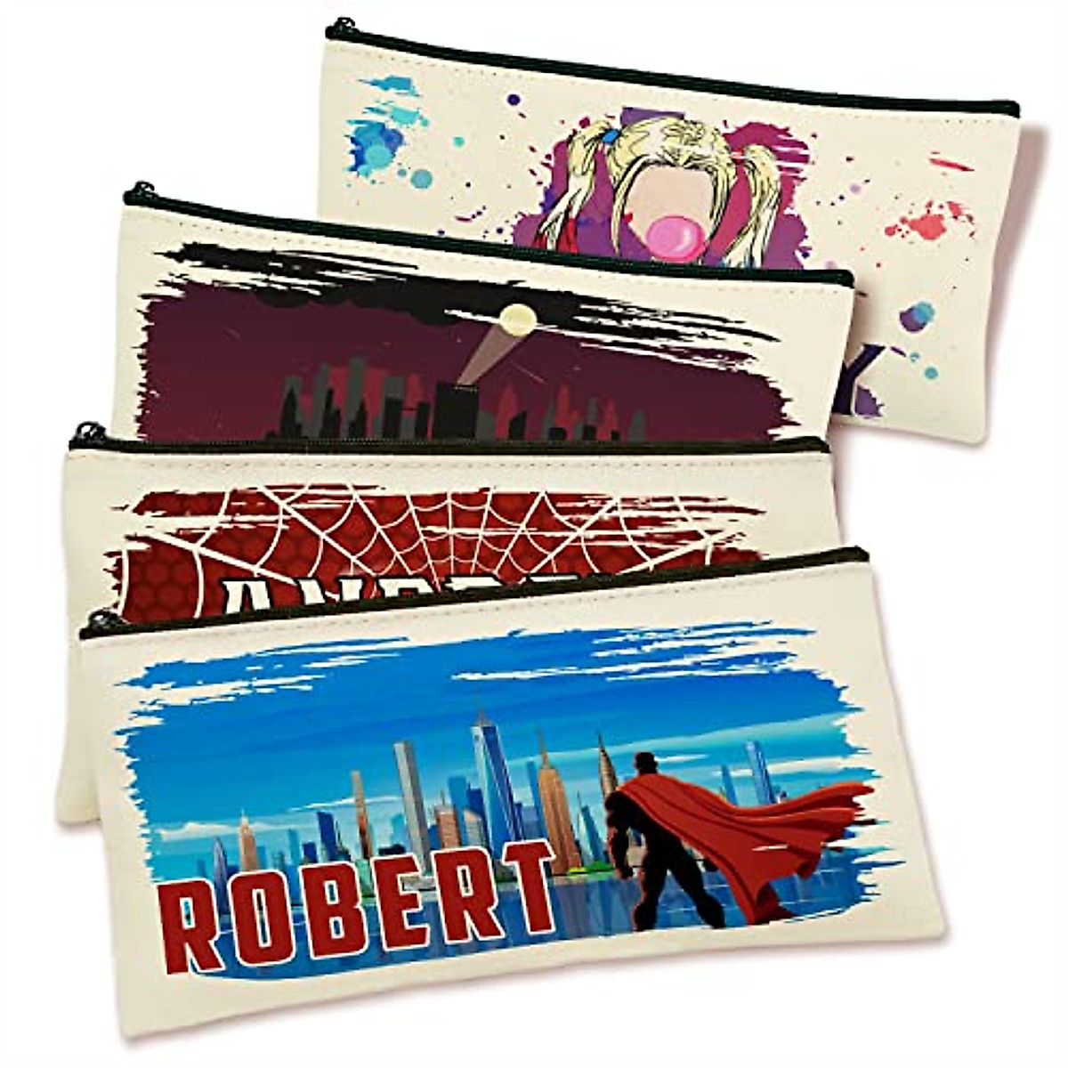 Personalized Super Hero Pencil Case w/Name Students - Custom Superhero Pen Box Birthday Gifts Boys Girls - Customized Canvas Pencils Cases Box - 10''x6'' - Man Pencil Pouch Spider Bat Design C1 Beige