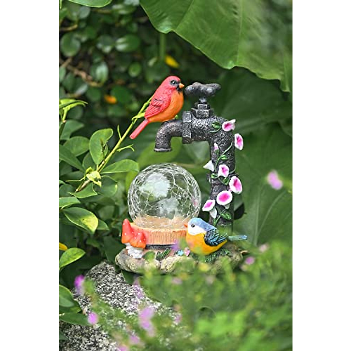 TERESA'S COLLECTIONS Bird Garden Decor with Solar Powered Lights, Resin Bird Outdoor Statues Figurine Garden Statue with Crackle Glass Globe for Porch Patio Lawn Yard Christmas Decorations, 8.3 inch
