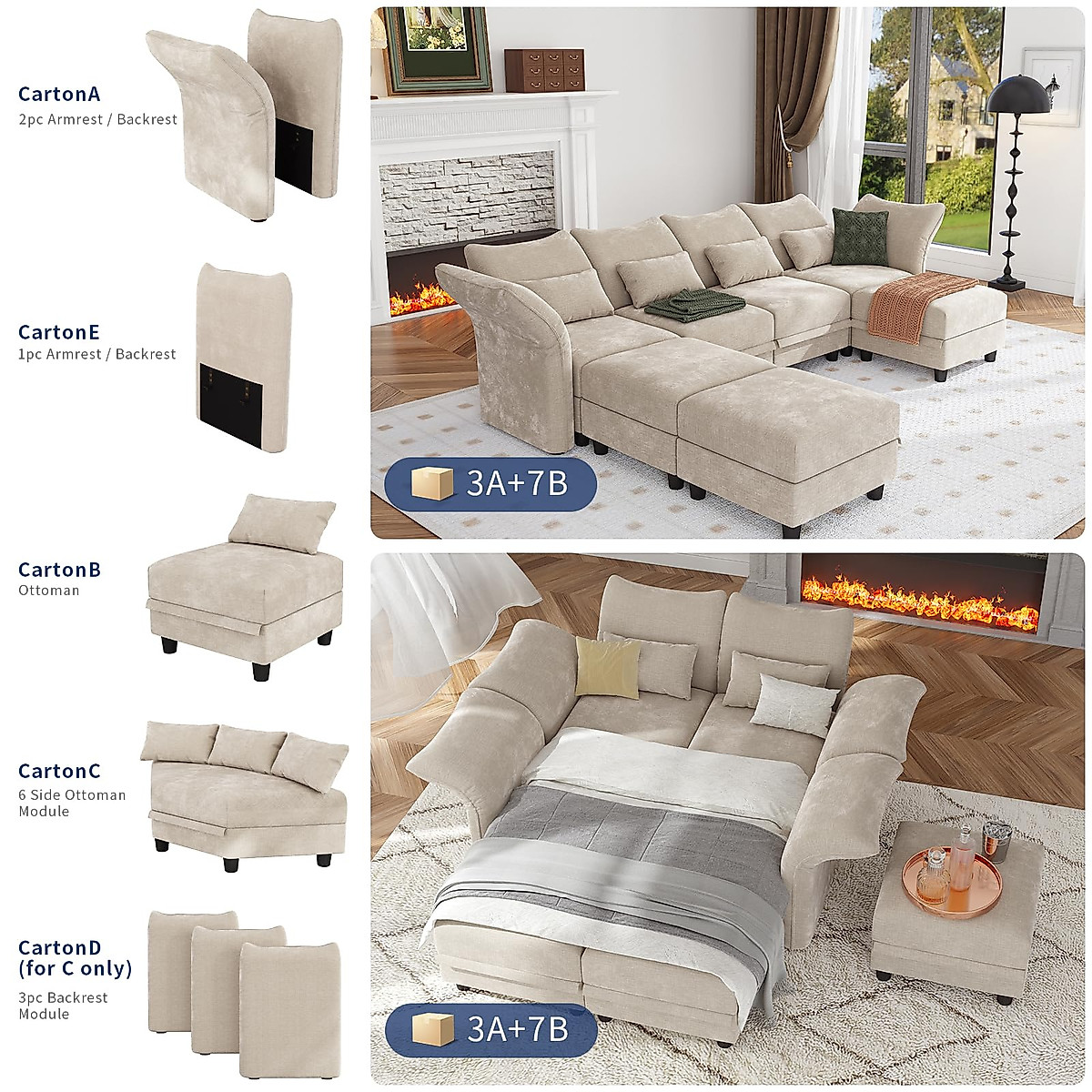 LLappuil 173" L Shaped Sectional Sofa Corner Modular Couches with 2 Diamond Ottoman, 8 Seats Chenille Sectional Couch with Adjustable Armrest Backrest, Khaki