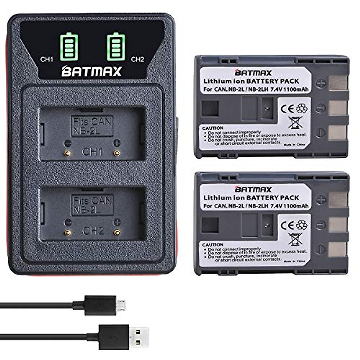 Batmax 2Pcs NB-2L NB-2LH Battery + Built-in USB LED Charger for Canon PowerShot G7 G9 S80 S70 S60 S50 S45 S40 S30, Canon DC410 DC420 EOS 350D 400D Digital Rebel XT XTi, VIXIA HF R10