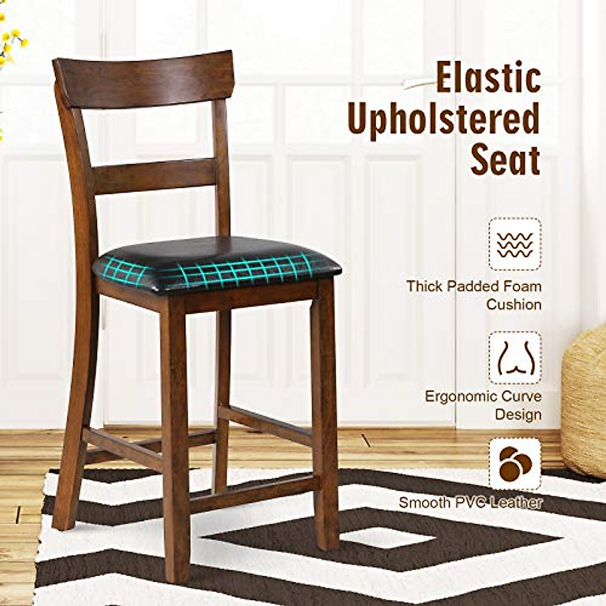 COSTWAY Barstools Set of 4, 25.5-Inch Counter Height Chair with Backrest, Foam-padded Cushion, Rubber Wood Legs, Wooden Vintage Dining Chair for Bistro, Living Room, Kitchen, Brown and Black