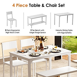 sogesfurniture 4 Piece Dining Table Set, Dinette Set Kitchen Table with Bench and Chairs, Kitchen Dinner Table with Benches for 4, Includes Table, 2 Chairs & Bench,White
