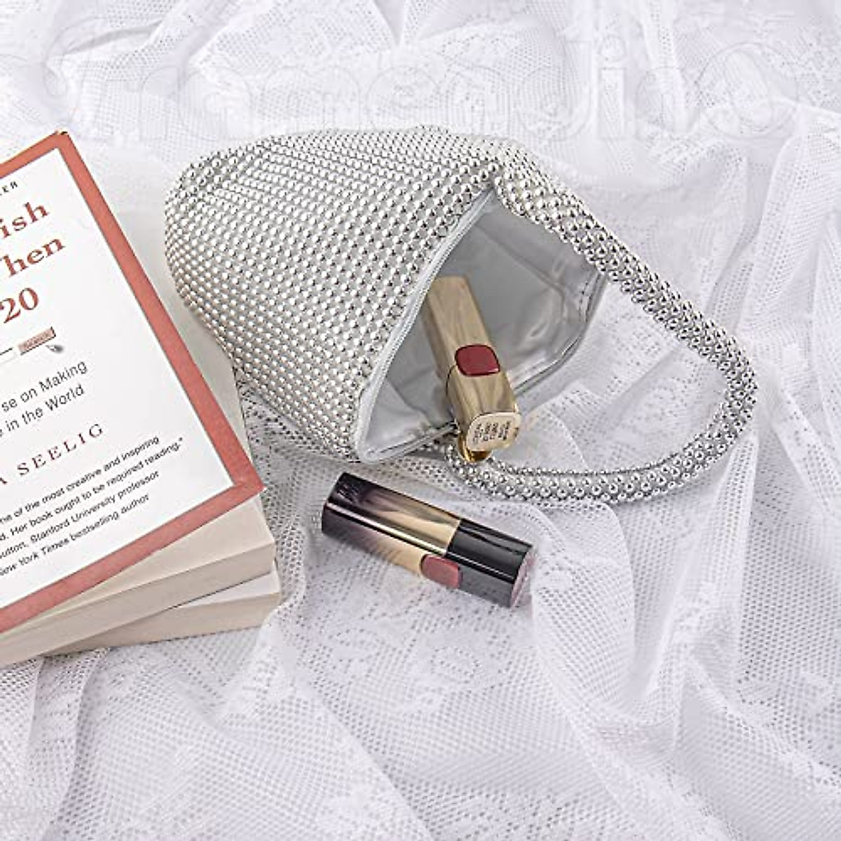 Framendino, Triangle Bling Purse Rhinestone Evening Bag Sequins Clutch Purses Fashion Handbag Luxury Zipper Pouch for Women Girls Wedding Party Prom Night Silver