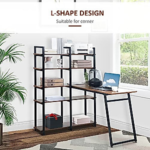 HOMCOM 5 Tier Versatile L-Shaped Computer Desk, Writing Table with Display Shelves and Metal Frame, Space-Saving for Study, Home Office, Walnut