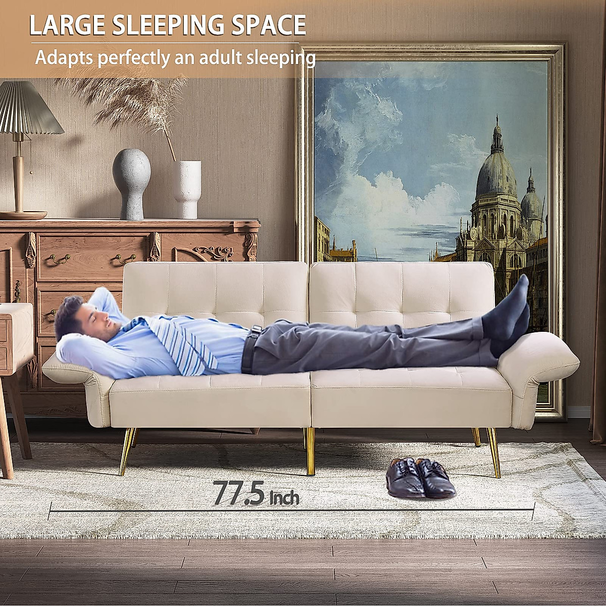 FCNEHLM 77.5” Futon Sofa Bed, Velvet Sofa Bed Futon Convertible Italian Velvet Futon Couch with Foldable Armrests and Adjustable Backrests with Magazine Bags, Sleeper Sofa Bed for Living Room, Beige