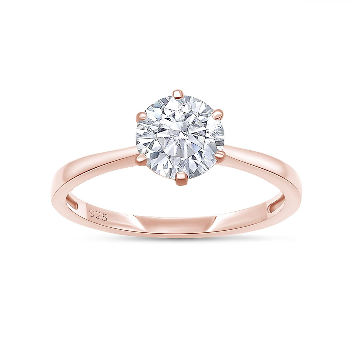 SAVEARTH DIAMONDS Moissanite Engagement Ring, 6.5MM 1ct Round Cut Lab Created Diamond Solitaire Wedding Promise Ring For Women In 14k Rose Gold Over Sterling Silver (VVS1 Clarity) Size-7.5