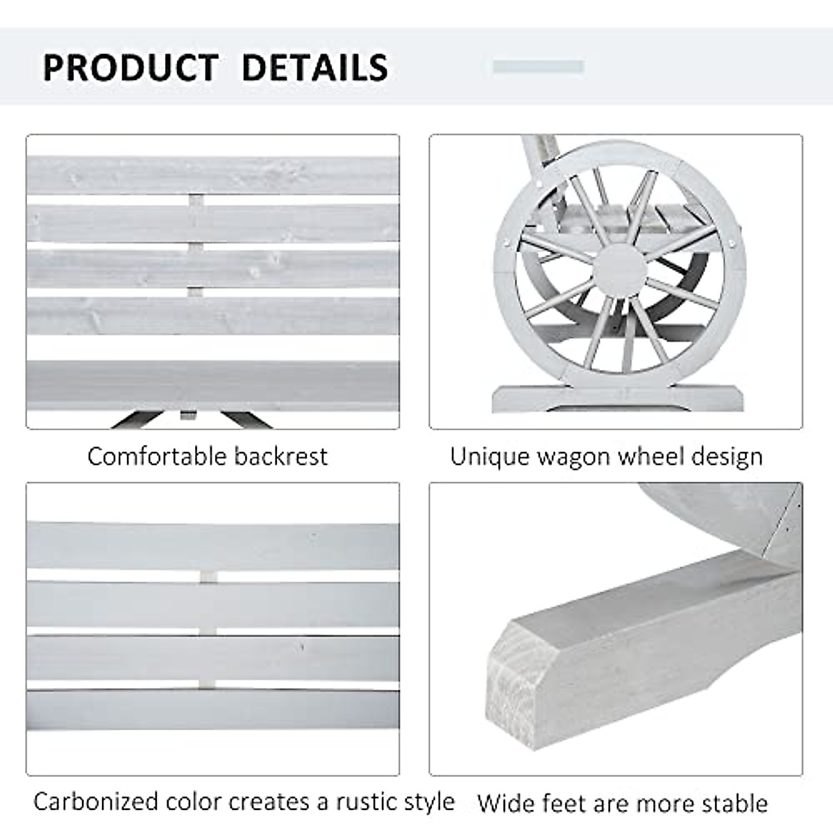 Outsunny Wooden Wagon Wheel Bench, Rustic Outdoor Patio Furniture, 2-Person Seat Bench with Backrest, Light Grey