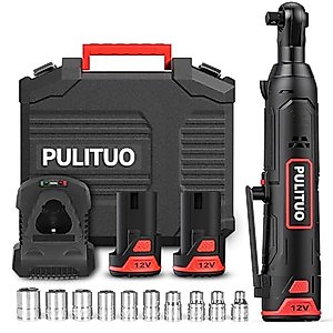 PULITUO Cordless Electric Ratchet Wrench 3/8", 12V Power Ratchet Tool Kit 37 Ft.Lbs (50 N.m) with 2-PACK 2000mAh Lithium-Ion Batteries, 45 Min Fast Charger, Variable Speed 10 Sockets