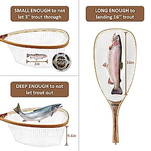 ONROCL Fly Fishing Net Trout Net with Magnetic Release and Rod Holder Wooden Frame Landing Net with Soft Rubber Mesh for Catch and Release (Clear Small Holes)