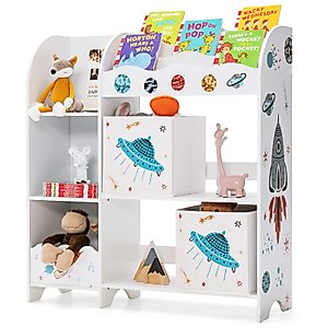 HONEY JOY Kids Toy Storage Organizer, Wooden Storage Unit with 2 Storage Boxes, Toddler Storage Display Bookshelf Daycare Furniture for Playroom, Children’s Room, Living Room(Planet)