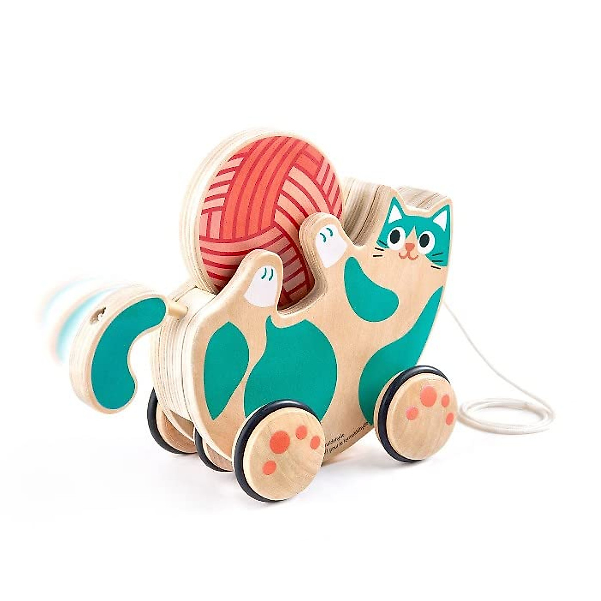 Hape Wooden Walk-A-Long Kitten Pull Toy| Roll & Rattle Push Pull Toy for Toddler| Montessori Toys for Walking Toddlers, Green