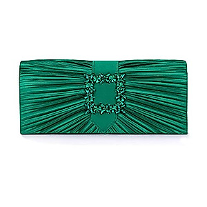 Mulian LilY M366 Women Pleated Satin Rhinestone Brooch Evening Bags Prom Clutch Purse With Detachable Chain Strap Green
