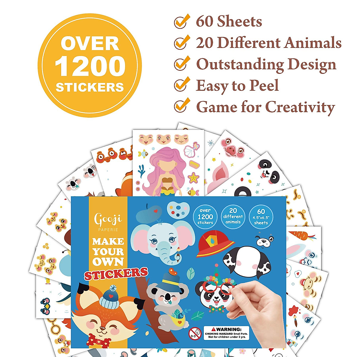 Gooji DIY Make Your Own Stickers for Kids, 60 Sheets Over 1,200 Stickers, 20 Funny Characters and Animals, Customizable Faces with Accessories, Reusable for Party Favors or Arts and Crafts Projects