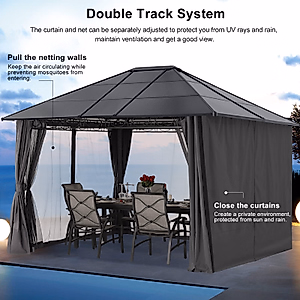 MASTERCANOPY 10x12 Outdoor Hardtop Gazebo Aluminum Frame Polycarbonate Top Canopy with Curtains and Netting, Dark Grey