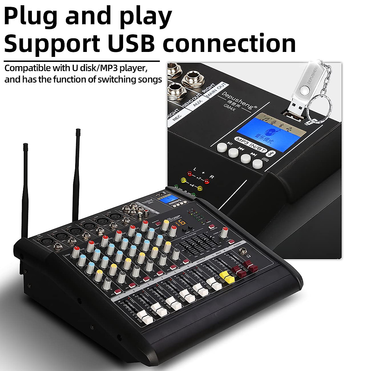 Professional 6 Channel Bluetooth USB Audio Mixer Mixing Console with 2 Handheld Wireless Microphone for Home Studio Recording DJ Network Live Karaoke - Depusheng GM6X
