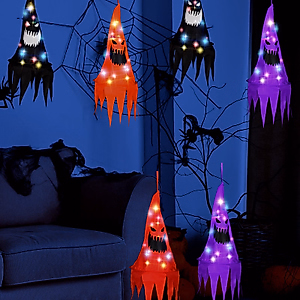 8 Pieces Halloween Witch Hat Decorations Witch Hats String Light Halloween Witch Decorations for Garden, Indoor, Yard, Tree, Party, Suitable for Ages 8 and up(Ghost Style)