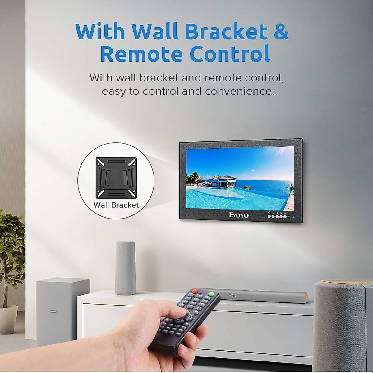 Eyoyo 12'' inch Small HDMI CCTV Monitor, 1366x768 IPS Metal Housing LED Screen W/Wall Bracket&Remote Control with HDMI/VGA/AV/BNC Input Built-in Speakers for PC, Security Camera, Raspberry Pi