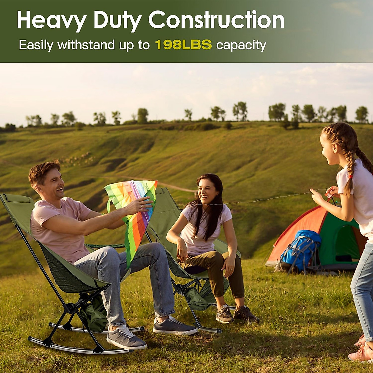 TeqHome Folding Rocking Chair, Outdoor Rocking Chair with Carry Bag, Foldable Padded Rocking Chair, for Camping, Patio, Angling, Supports 300lbs(Beige)