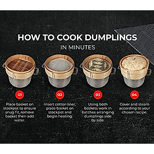 Annie’s Kitchen Complete Set Handmade Bamboo Steamer Baskets, Lid Dumpling Maker with Spoon, 4 Reusable Cotton Liners, 2 sets Chopsticks- For Rice, Vegetables, Fish, Meat, Desserts (8 Inch- 2 Tiers)