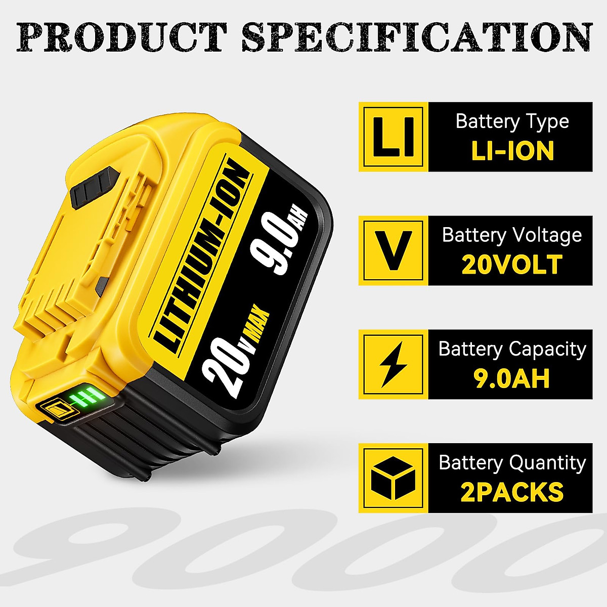 2Pack DCB200 9.0Ah Battery Replacement for Dewalt 20V Max Battery Lithium Ion Compatible with Dewalt Battery DCB204 DCB206 DCB201 DCB203 DCD DCF DCG Series Cordless Power Tools
