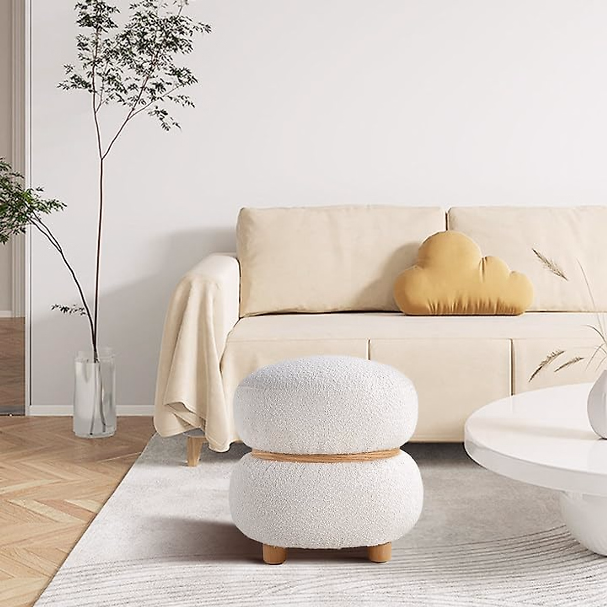 Get Set Style Round Ottoman with Soft Padded Seat, Multifunctional Vanity Chairs for Makeup, Upholstered Footrest Stool Ottoman Foot Stool for Living Room, Bedroom (White)