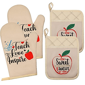 Teacher Gifts 4 Packs Teacher Appreciation Gifts for Women Men Funny Oven Mitts and Pot Holders Sets Kitchen Mittens and Pot Holder Set with Hand Pocket and Hanging Loop Back to School Teacher Gift