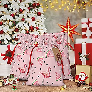 Drawstrings Christmas Gift Bags Summer-Flamingo-Watermelon Presents Wrapping Bags Xmas Gift Wrapping Sacks Pouches Medium