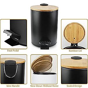 Aupekro Round Metal Trash Can with Bamboo lid and Pedal 5 Liter Garbage Container Bin with Removable Inner Wastebasket for Bathroom, Bedroom, Kitchen, Office (Black)