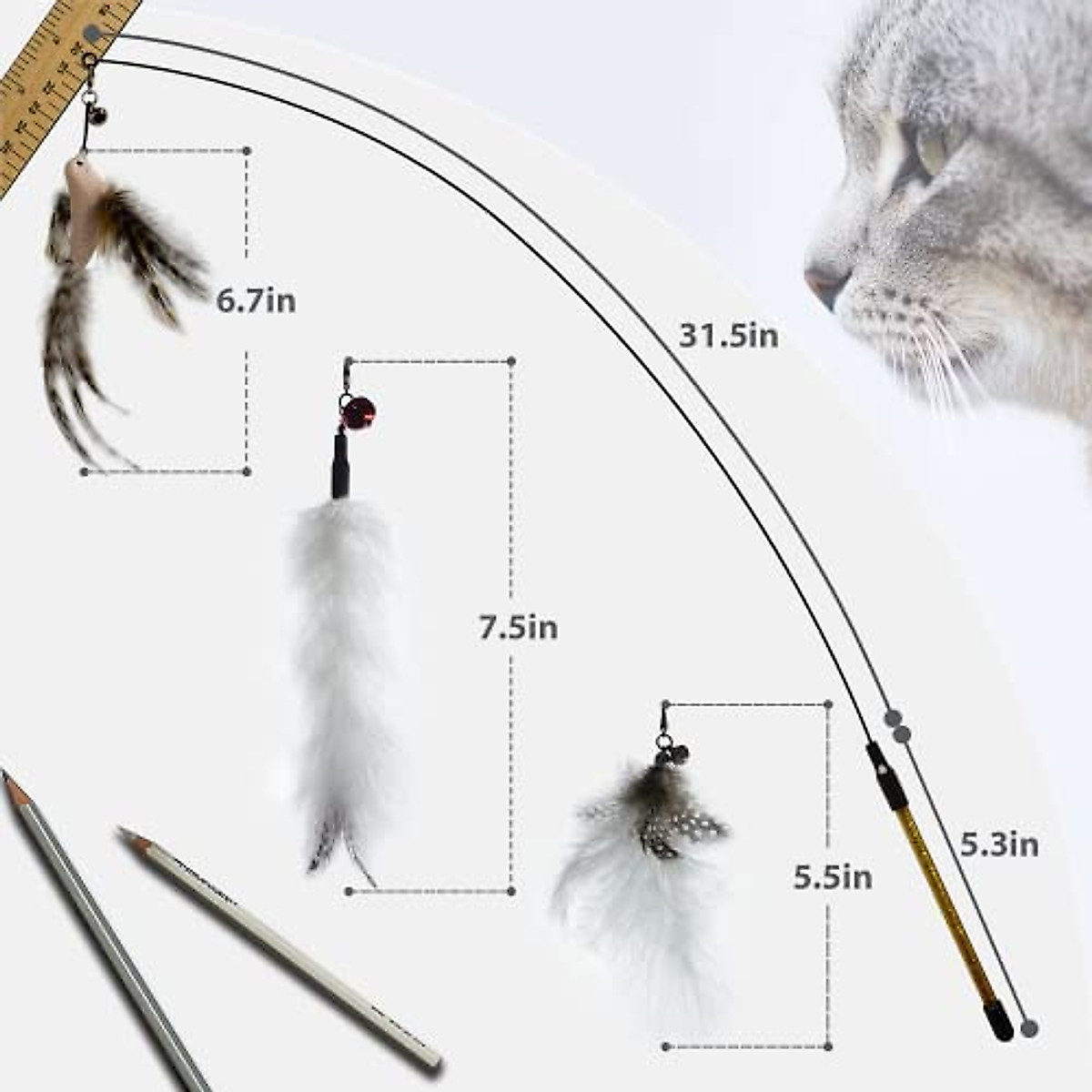 FUPUSUN 2022 Latest Cat Feather Toys, Interactive Cat Toys Kitten Toys, 1PCS Elasticity Cat Wand Toy and 3PCS Teaser Refills Tail Bird Feathers, Cat Toys for Indoor Cats Kitten Play Chase Exercise