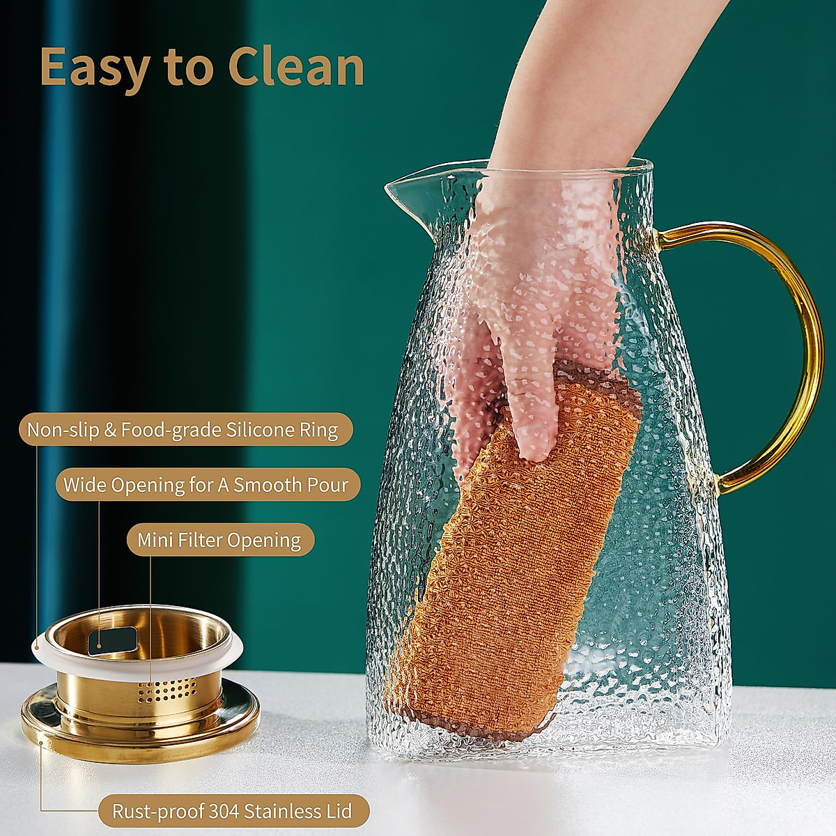 1600ml/54fl oz Glass Pitcher with Lid for Fridge Side Door, Heat Resistant Borosilicate Glass Carafe for Tea, Juice, Milk, Cold Hot Beverages, Stovetop Safe